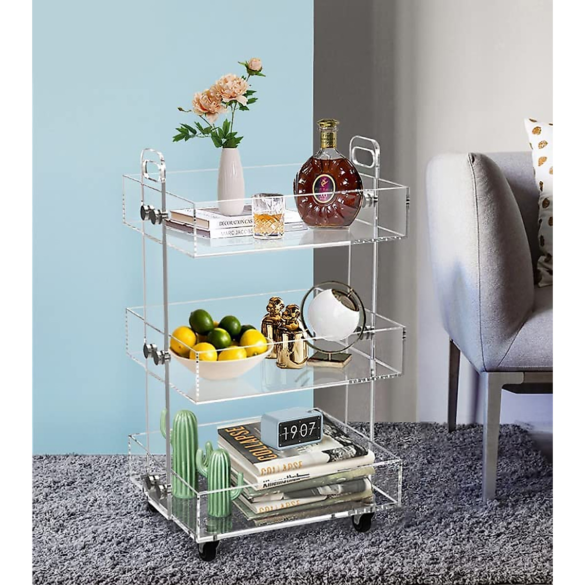 ONELUX 3-Tier Acrylic Utility Rolling Cart, Multifunction Storage Cart On Wheels