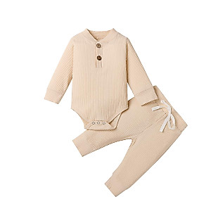 Ledy Champswiin Winter Newborn Baby Boy Girl Clothes Set Ribbed Outfits Unisex Infant Solid Long Sleeve Tops Pants 2PCS