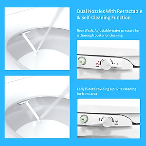 Bazyths Bidet Toilet Seat, Soft Close, Non-Slip, Non-Electric, Fits Elongated or Oval Toilets, Dual Nozzle for Feminine & Rear Wash, Self-Cleaning, Adjustable Water Pressure, Quick Installation