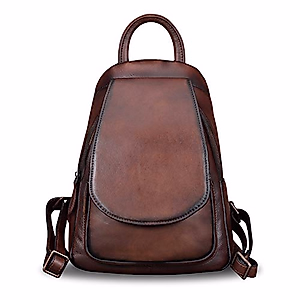 Genuine Leather Backpack for Women Vintage Handmade Casual Knapsack Small Rucksack Satchel (Coffee)