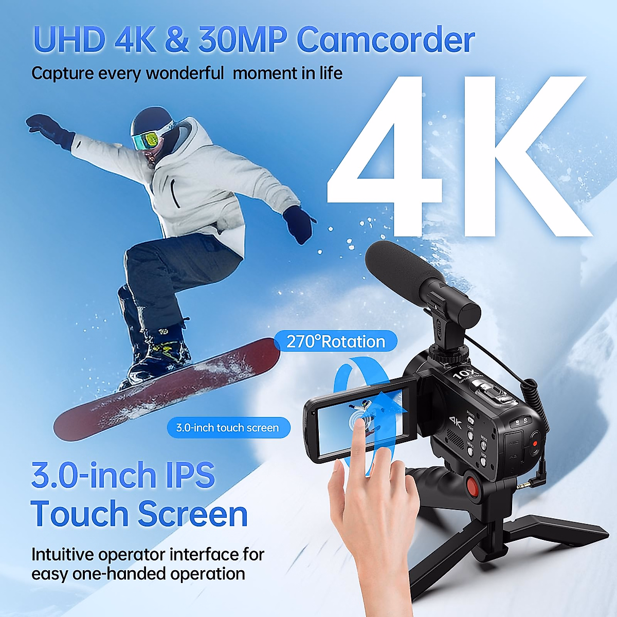 4K Video Camera Camcorder 10X Optical Zoom 120X Intelligent Zoom, 30MP 24FPS Auto Focus Vlogging Camera 3.0" IPS Touch Screen Digital Camera with Microphone, Tripod, Remote Control, 32G SD Card