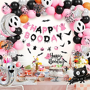 120Pcs Pink Black Halloween Birthday Party Decorations, Happy Boo Day Glitter Banner Ghost Bat Foil Balloons Garland Cake Topper for Girl Kids Halloween Baby Shower Gender Reveal Little Boo Supplies
