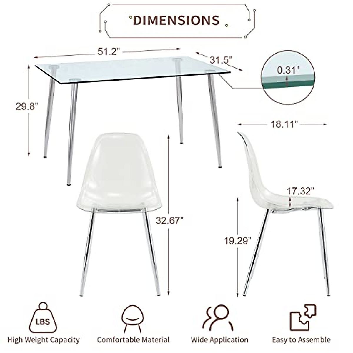 51 inch Glass Dining Table Set for 4, Dining Table & Chair Sets with Silver Plating Legs for Kitchen, Modern Rectangle Tempered Glass Table Top and Transparent Plastic Dining Chair for Dining Room