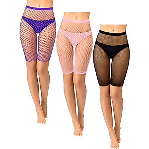 3 Pairs Fishnet High Waisted Shorts Fishnet Biker Short Elastic Sporty See Through Mesh Short Leggings for Women (Black, Pink, Dark Purple, Black, Coffee, Gray)