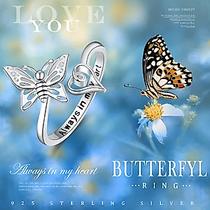 Palpitate Butterfly Rings for Women Butterfly Rings Always in My Heart Sterling Silver Rings for Women Butterfly Jewelry Gifts