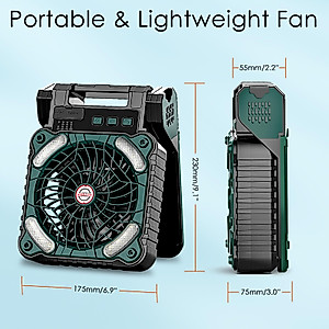 Sendowtek Portable Battery Fan with Solar Panel, 10400mAh Rechargeable Fan with Timer LED Light Small USB Battery Powered Camping Fans for Travel Picnic Outdoor Indoor Cooling Sleeping (Green)