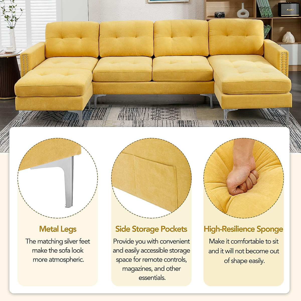 FIQHOME Living Room Furniture Sets,110" Reversible Sectional Sofa,U/L Shaped Couch with Movable Ottoman,Modular Oversized Sofá w/Lounge Chaise for Home,Office,Apartment,Dorm,Yellow
