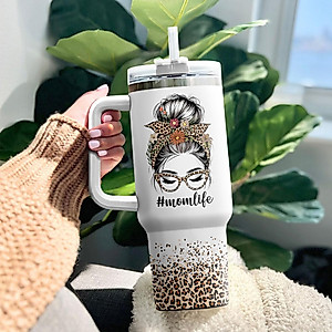 99WHALE Mom Bruh Messy Bun Leopard, Tumbler 40 Oz With Handle Lid And Straw, Mom Gifts, Mommy Straws Cup Mothers Life To Women Momma Funny Be For Handle Daisy Insulated Modern Coffee