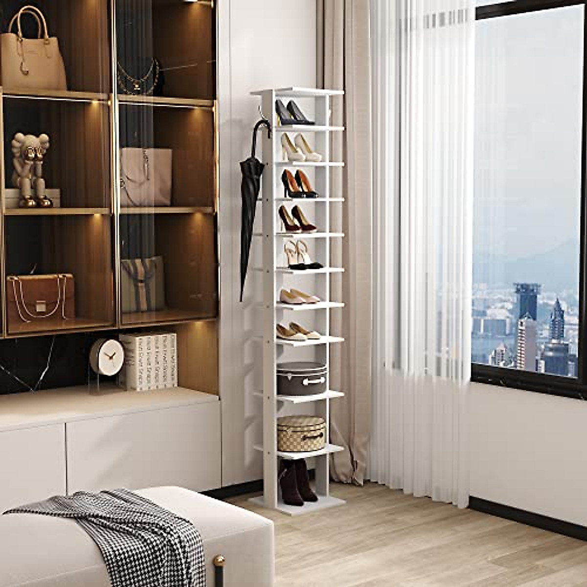 HOMEFORT 10-Tier Vertical Shoe Rack, Corner Shoe Tower, Slim Shoe Organizer with Two Hanging Hooks, Wooden Shoe Storage Stand for Entryway, Hallway, Closet (White)