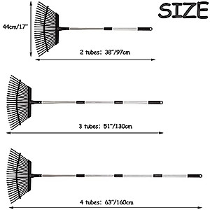 63” Garden Leaf Rake 38”-63”Adjustable Garden Rake,25 tines, Metal Rake for Quick Clean Up of Lawn and Yard