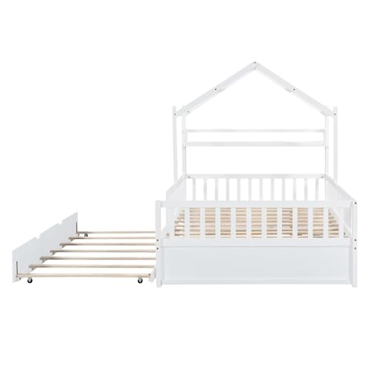 SIYSNKSI Full Size House Bed with Trundle, Wooden House Platform Bed with Shelf and Storage Headboard, Montessori Bed Playhouse Tent Bed Frame for Kids Girls Boys (White + Wood-87C)