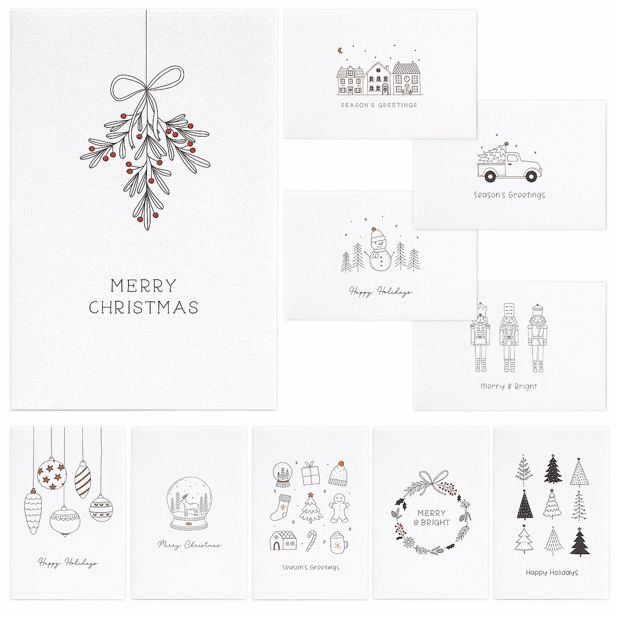 ZICOTO Beautiful Doodle Christmas Cards Set of 20 - Incl. Bulk Envelopes, Matching Stickers And Storage Box - Perfect to Send Warm Holiday Wishes to Friends and Family