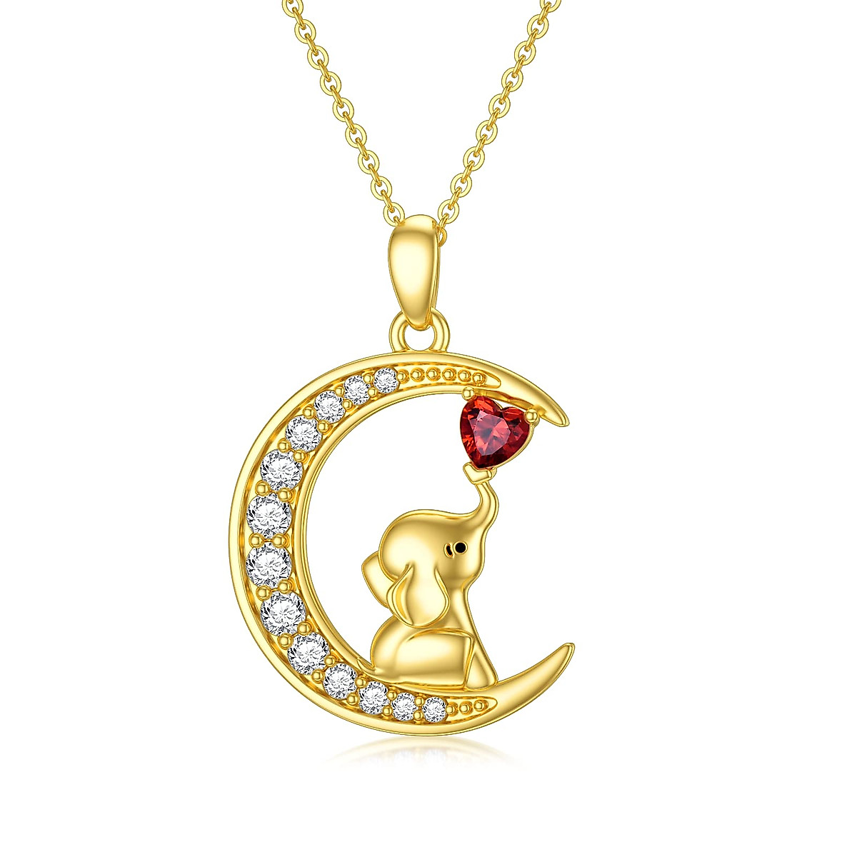 14K Gold Lucky Elephant Necklace with Garnet Moon Necklace with Moissanite Cute Animal Jewelry Gift for Women