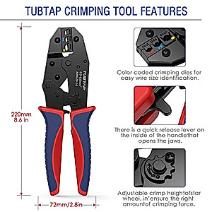 TUBTAP Crimping Tools for Electrical Connectors [AWG 20-10] - Wire Crimpers - Wire Crimping Tool - Ratcheting Wire Crimper for Heat Shrink Wire Connectors and Insulated Nylon Connectors, 0.5-6.0mm²