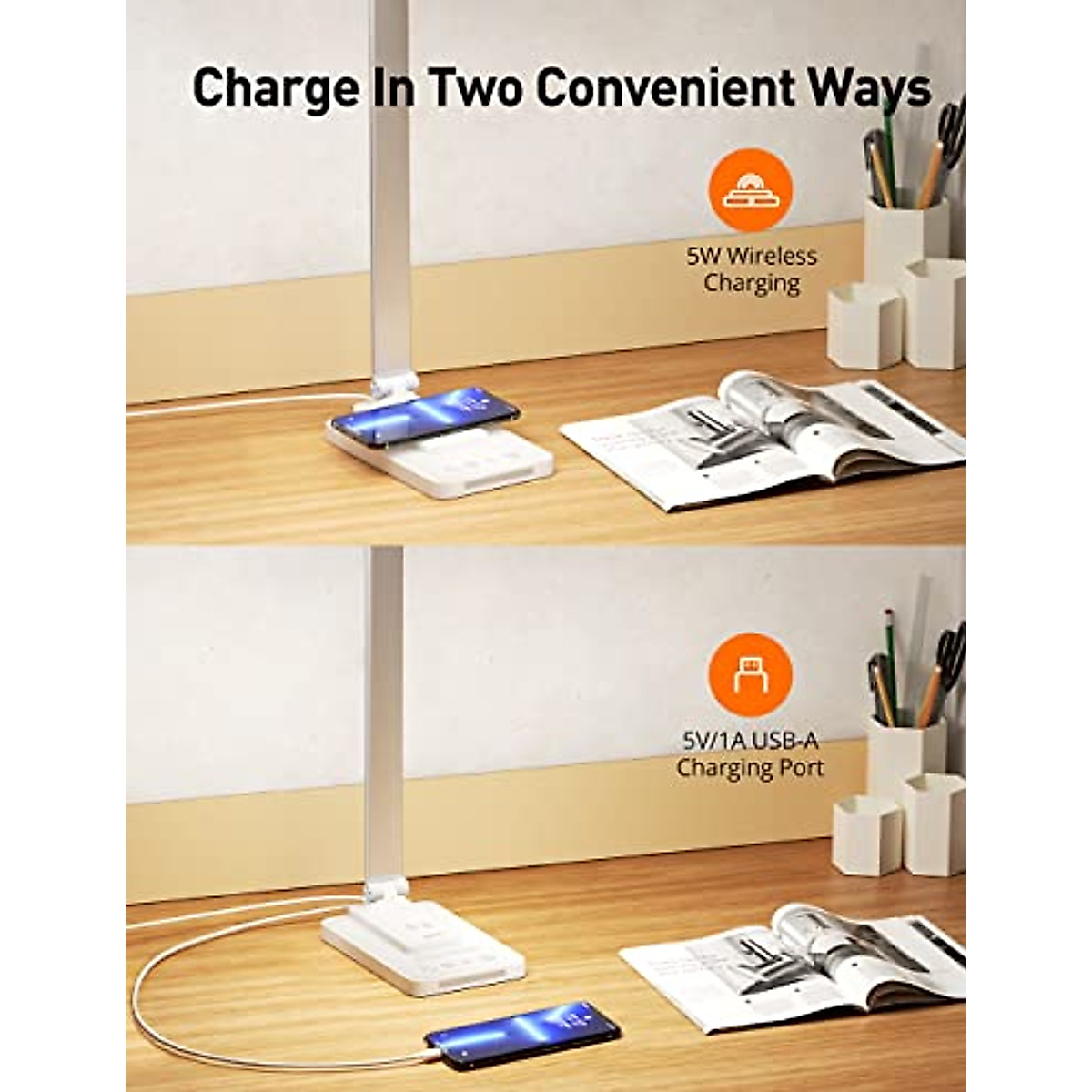 sympa LED Desk Lamp with Wireless Charger, Night Light, Dimmable Table Lamp with USB Charging Port, 5 Brightness & 5 Lighting Modes, 60 min Timer, Memory Function for Home Nail Office Reading