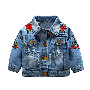 Top and Top Baby Girls Denim Jacket Rose Flower Embroidery Toddler Ripped Denim Coat For Kids (80/9-12 Months), Blue