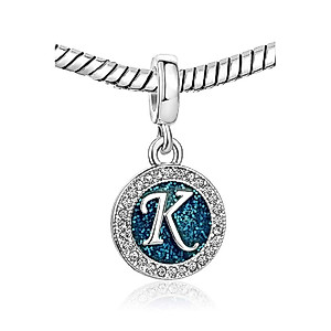 KunBead Initials K Letter Spakling Blue Alphabet Dangle Birthday Charm Compatible with Pandora Bracelet for Women
