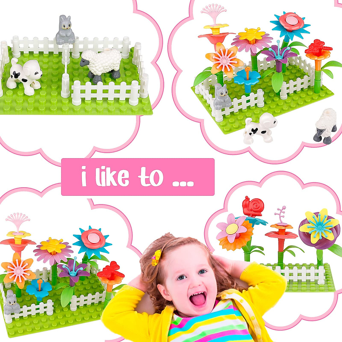 PREBOX Flower Building Toys Set for Toddler Girls - Birthday Gifts and Fine Motor Skills Toys for Kids Age 3 4 5 6 yr, STEM Crafts and Build a Garden with Insects and Animals