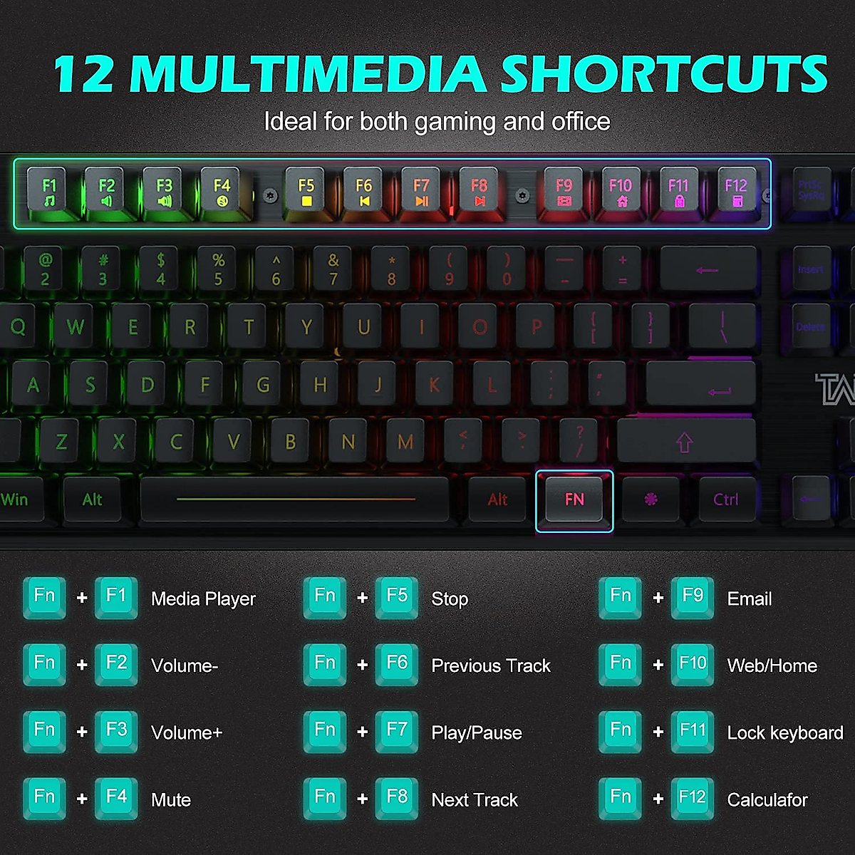 TNBIU Gaming Keyboard, 105-Key Wired Membrane Keyboard, Rainbow LED Backlit Keyboard, Floating Keycap Design, Aluminum Alloy Panel, Stylish Appearance Design, Suitable for Desktop, Computer, PC