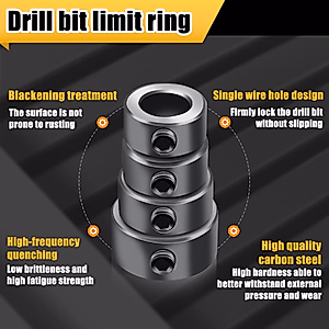 Depth Stop Drill Bit,Stop Collar Set Includes 1/8”, 3/16”, 1/4”, 5/16”, 3/8”, 7/16”, 1/2”, 5/8”and Allen Wrench(9Pcs), Premium High Carbon Steel Drill Bit Positioning Ring Split Ring- Tiosamd