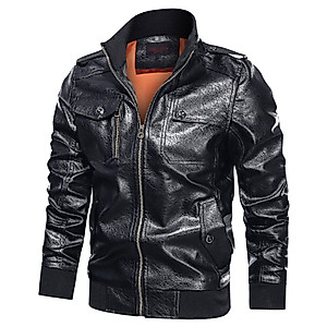 Maiyifu-GJ Men Vintage Faux Leather Jacket PU Zip Up Stand Collar Bomber Coat Retro Lightweight Slim Fit Jackets Windbreaker (Black,Medium)