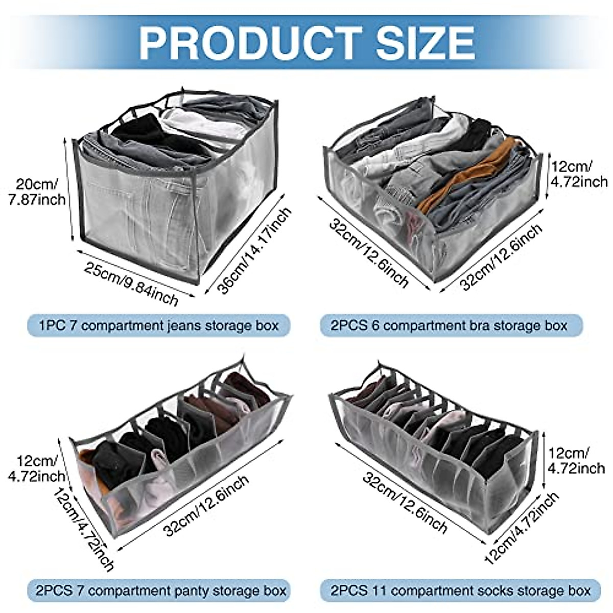 QOONESTL 7Pcs/Set Wardrobe Clothes Organizer, Drawer Organizers for Clothing, Foldable Compartment Storage Box for Underwear, Bras, Socks, Jeans, Leggings, T-Shirts(size:7Packs)