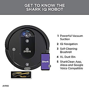 Shark AV993 IQ Robot Vacuum, Self Cleaning Brushroll, Advanced Navigation, Perfect for Pet Hair, Compatible with Alexa, Wi Fi , Black