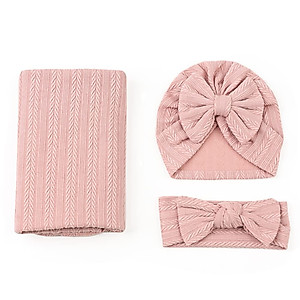 QandSweet Newborn Receiving Blanket Headband Hat Set Baby Swaddle swaddling Blanket (Pink)