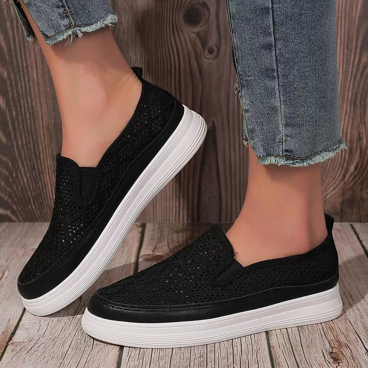 Sneakers for Women Fashion Sneakers Women's Canvas Shoes Sneaker Walking Shoes Ladies Fashion Solid Color Breathable Hollow Mesh Round Head Shallow Flat Black