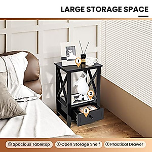 UIIAIOUIAIO 2-Tier Accent Nightstand with Storage Drawer, Farmhouse Wood End Table Bedside Table Sofa-Side Accent Table for Living Room Bedroom(Black)