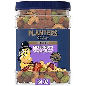 PLANTERS Deluxe Salted Mixed Nuts, Party Snacks, Plant-Based Protein 34oz (1 Container)