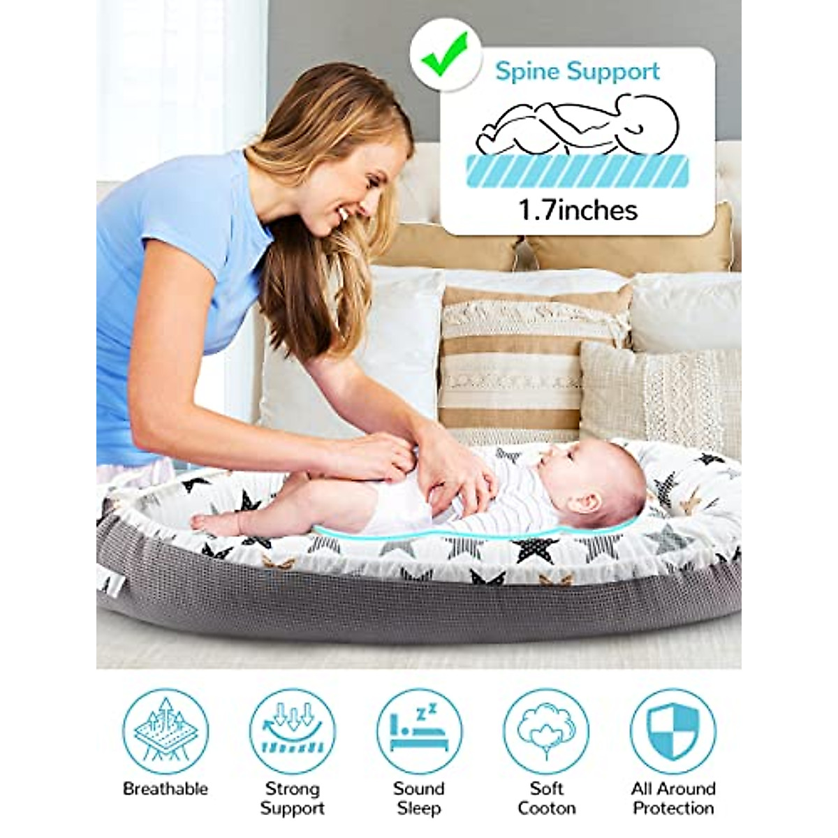 GIEFRNE Baby Lounger Baby Nest Cover Baby Registry Search Co-Sleeping Portable Bed Cover for Baby 0-12M, Soft Breathable Cotton for Newborn Bassinet Mattress Adjustable Size (Star)