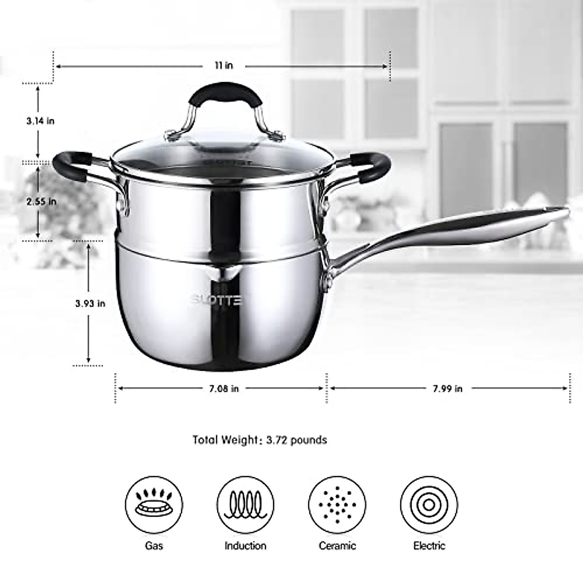 SLOTTET Tri-Ply Whole-Clad Stainless Steel Saucepan with Steamer,2.5 Qt Small Multipurpose Pot with Pour Spout,Strainer Glass Lid, 2 Quart Sauce Pan for Cooking with Stay-cool Handle.
