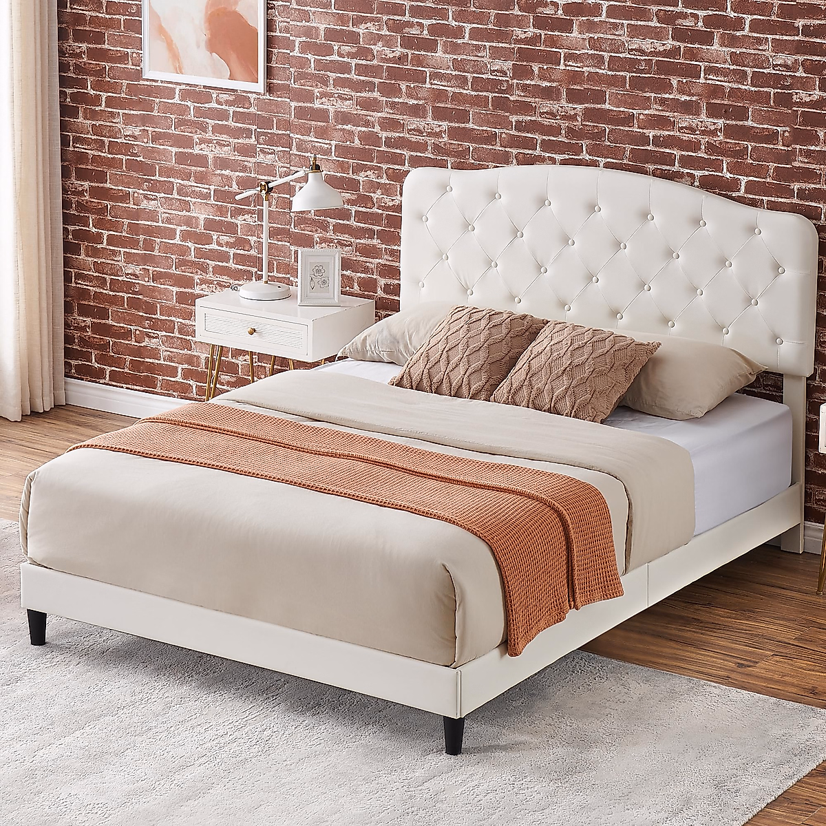 IDEALHOUSE Queen Bed Frame with Headboard Adjustable, Leather Platform Bed Upholstered Queen Size, Button Tufted Mattress Foundation, Wooden Slat Support, No Box Spring Needed, White