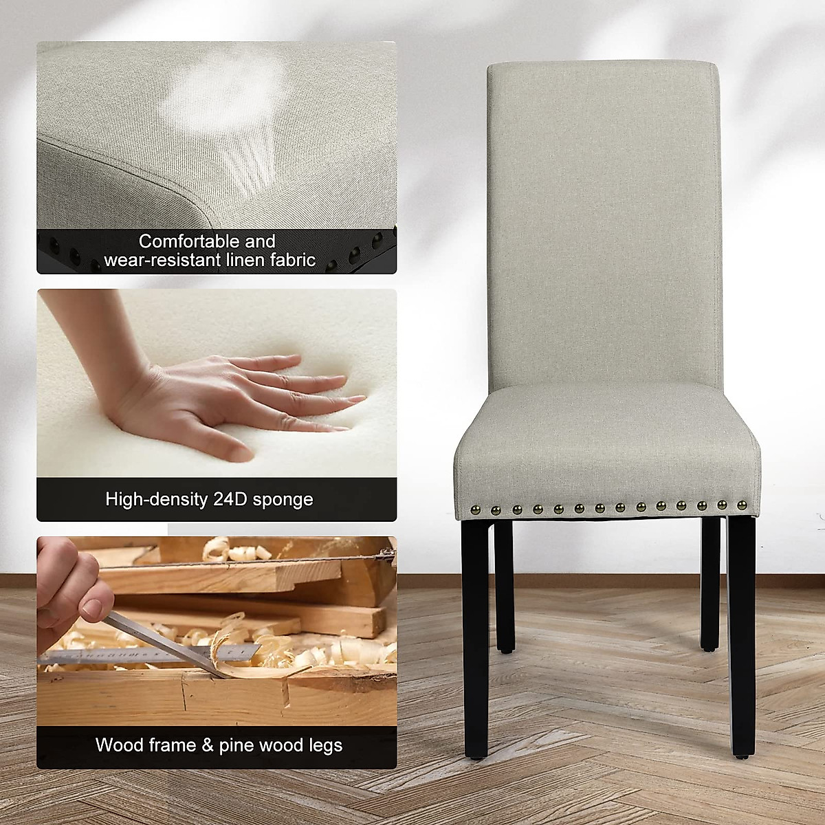 GORELAX Upholstered Dining Chairs Set of 4, Fabric Parsons Chair w/Solid Wood Legs, Nailhead Trim, Padded Seat, Kitchen Chairs for Dining Room, Kitchen, Living Room (Beige, Set of 4)