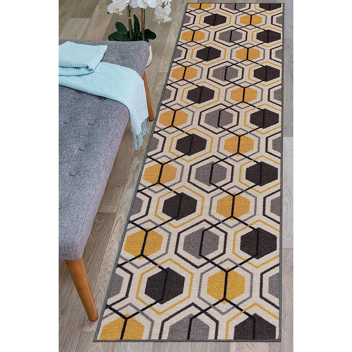 Rugshop Contemporary Geometric Stripe Carpet for Living Room,Bedroom,Home Office,Kitchen Non-Slip Runner Rug (Non-Skid) 2' X 7' (22" X 84") Yellow