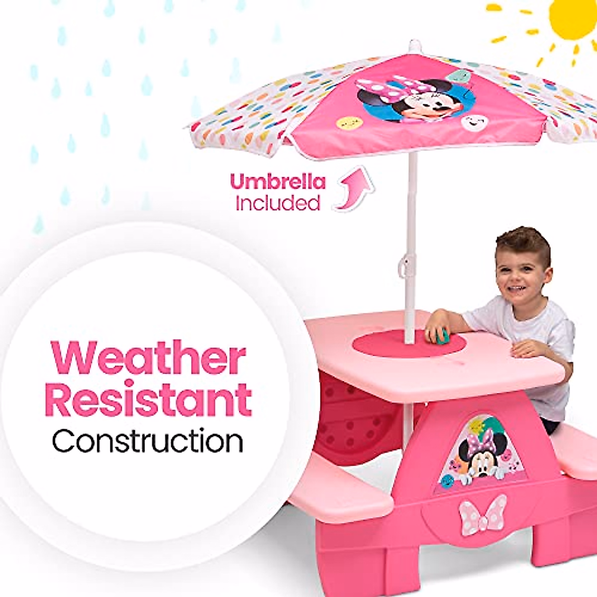 Delta Children 4 Seat Activity Picnic Table with Umbrella and Lego Compatible Tabletop, Minnie Mouse, 32.5 in x 34.25 in x 53.5 in
