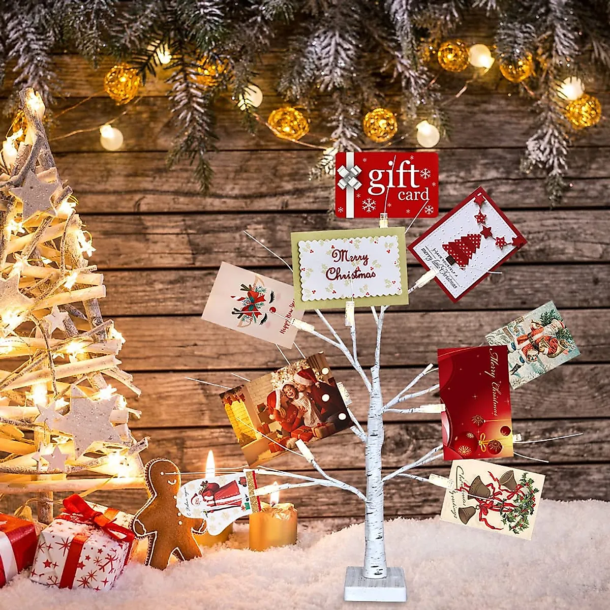 NEEDOMO Money Tree Gift Holder, 24" 2FT Lighted Birch Trees with LEDs, Battery Powered Timer with 12 Clear Clips Card, for Christmas, Lottery Ticket, Memo, Birthday, Wedding, Photo, Graduation (White)