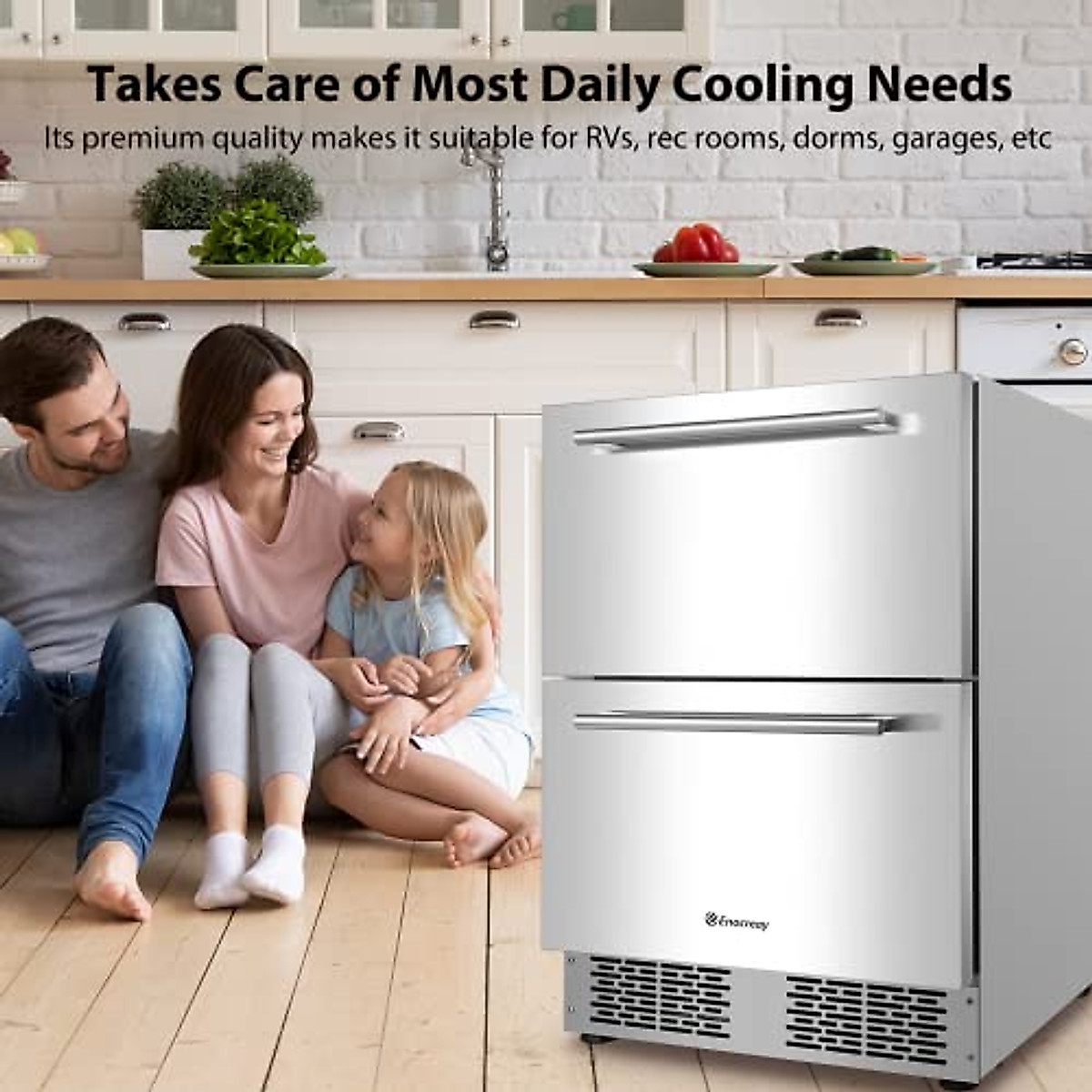 24 Inch Indoor Under Counter Drawer Fridge Stainless Steel Undercounter Refrigerator Freestanding Outdoor Fridge for Home Built-in Commercial Beverage Refrigerator with Dispenser and Digital Display