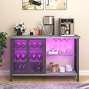 SOSPIRO Liquor Bar Cabinet with LED Lights, Industrial Wine Bar Cabinet with Wine Rack and Adjustable Shelves, Steel Coffee Bar for Home Dining Living Room Furniture, Grey