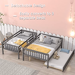 Unovivy Twin Over Full Bunk Bed with Trundle, Bunk Beds Twin Over Full Size with Guardrails and Ladder, Suitable for Kids, Teens, No Box Spring Needed, Gray