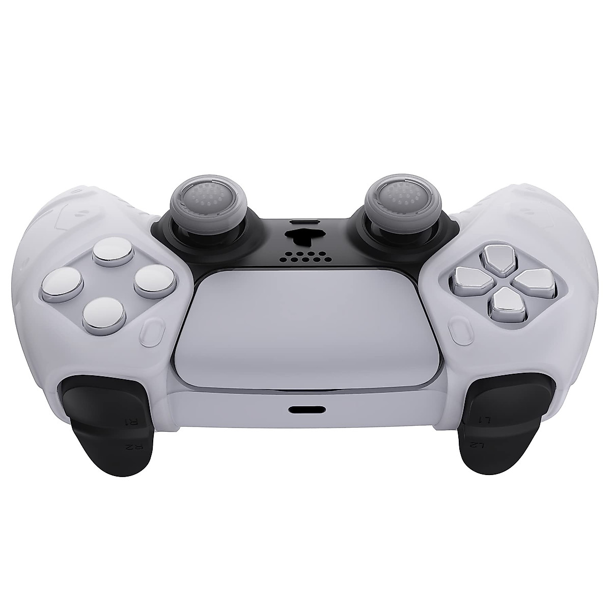PlayVital Mecha Edition Clear White Ergonomic Soft Controller Silicone Case Grips for ps5, Rubber Protector Skins with Thumbstick Caps for ps5 Controller - Compatible with Charging Station