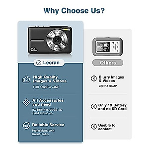 Digital Camera, FHD 1080P Kids Camera with 32GB Card, 2 Batteries, Lanyard, 16X Zoom Anti Shake, 44MP Compact Portable Small Point and Shoot Cameras Gift for Kid Student Children Teens Girl Boy(Black)