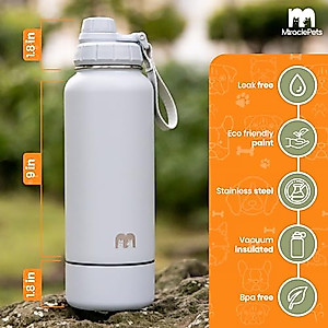 Miracle Pets Portable Dog Water Bottle with Bowl Attached 32oz Insulated Stainless Steel Water Bottles for Sports Hiking Easy Handle Dog Travel Accesories Portable Dog Bowl (Misty Rose)