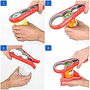 Jar Opener and Bottle Opener with Silicone Jar Gripper to Remove Stubborn Lids, Pull Tabs and Bottles-Designed for Weak Hands,Seniors, Arthritis (Red)
