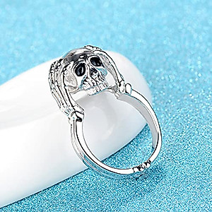 THJEW Cool Skull Head Ring for Women,S925 Sterling Silver Punk Biker Gothic Cocktail Party Halloween Headache Death Head Skeleton Skull Ring Jewelry (Ring_A, 10)