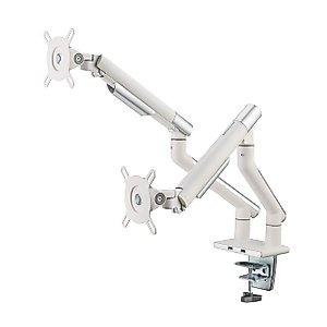 POUT E12 Dual Monitor Arm Mount Stand for Desk- Adjustable Full Motion Tilt/Swivel/Rotate 4-20lbs Capacity 75x75mm 100x100mm VESA 17"-32" Display Each - Extends 19" Forward & 17" High (White/Silver)