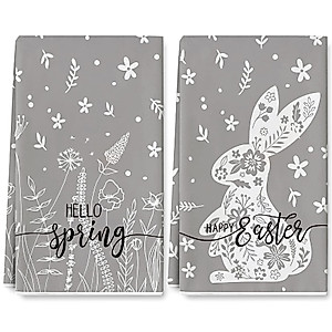 AnyDesign Easter Spring Kitchen Towel Gray Farmhouse Easter Bunny Rabbit Floral Dish Towel 18 x 28 Inch Rustic Hand Drying Tea Towel for Cooking Baking Cleaning Wipes, Set of 2