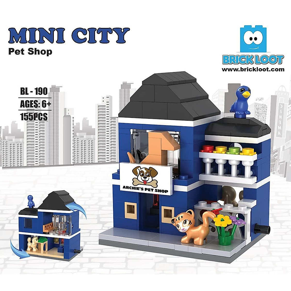Brick Loot Exclusive Mini City Archie's Pet Shop Model - Custom Designed 155 Piece Set - Compatible with Lego and Other Major Brick Brand Models - Includes Animals: Dog, Cat, Bird and More