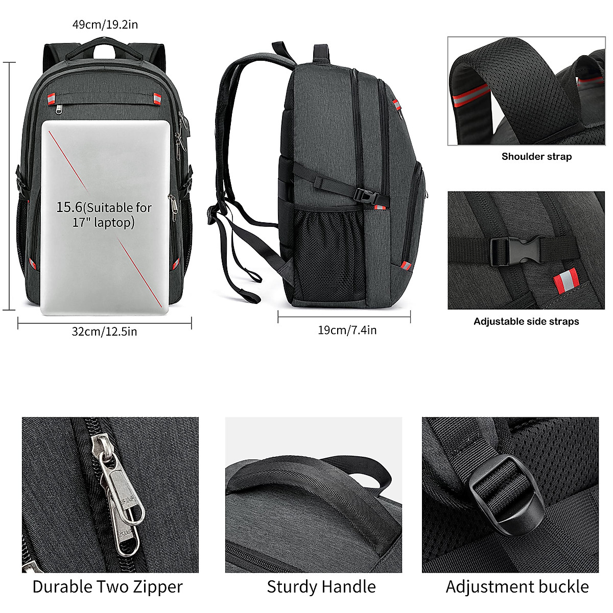 CAFELE Backpack,Waterproof Large 17in Laptop Backpack for Trip School Work Bookbag Computer Rucksack with USB Charging Port,Water Resistant Sturdy Backpack for Men Women,Grey